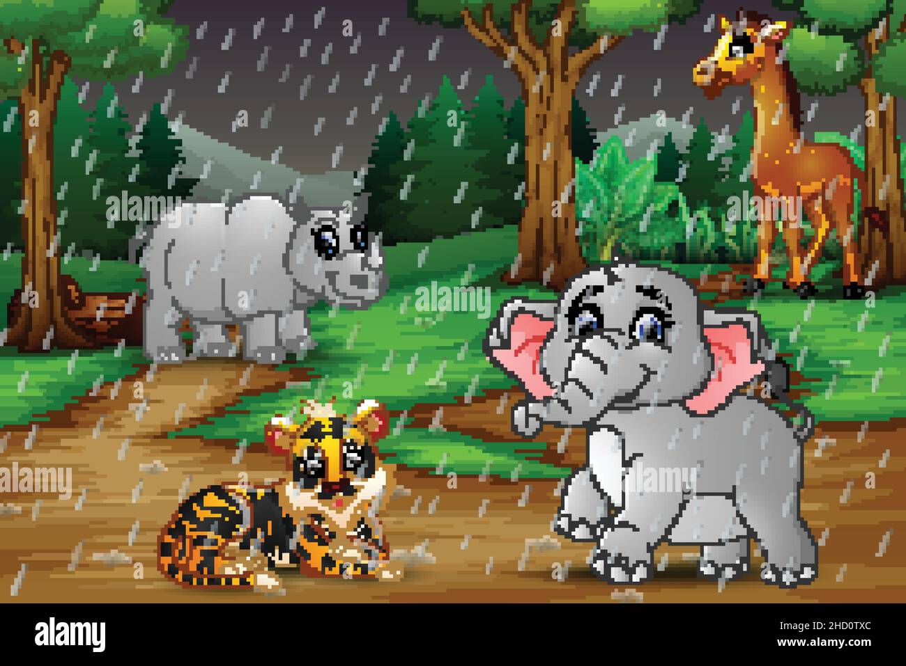 Wild animal cartoon under the rain in a forest Stock Vector Image & Art ...