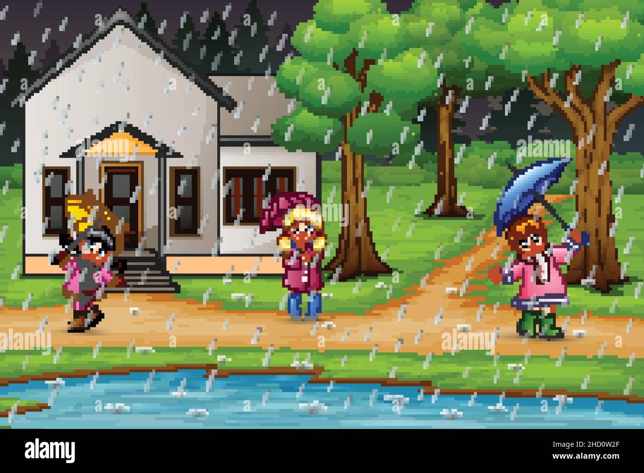 Cartoon happy girls carrying umbrella under the rain in front a house ...