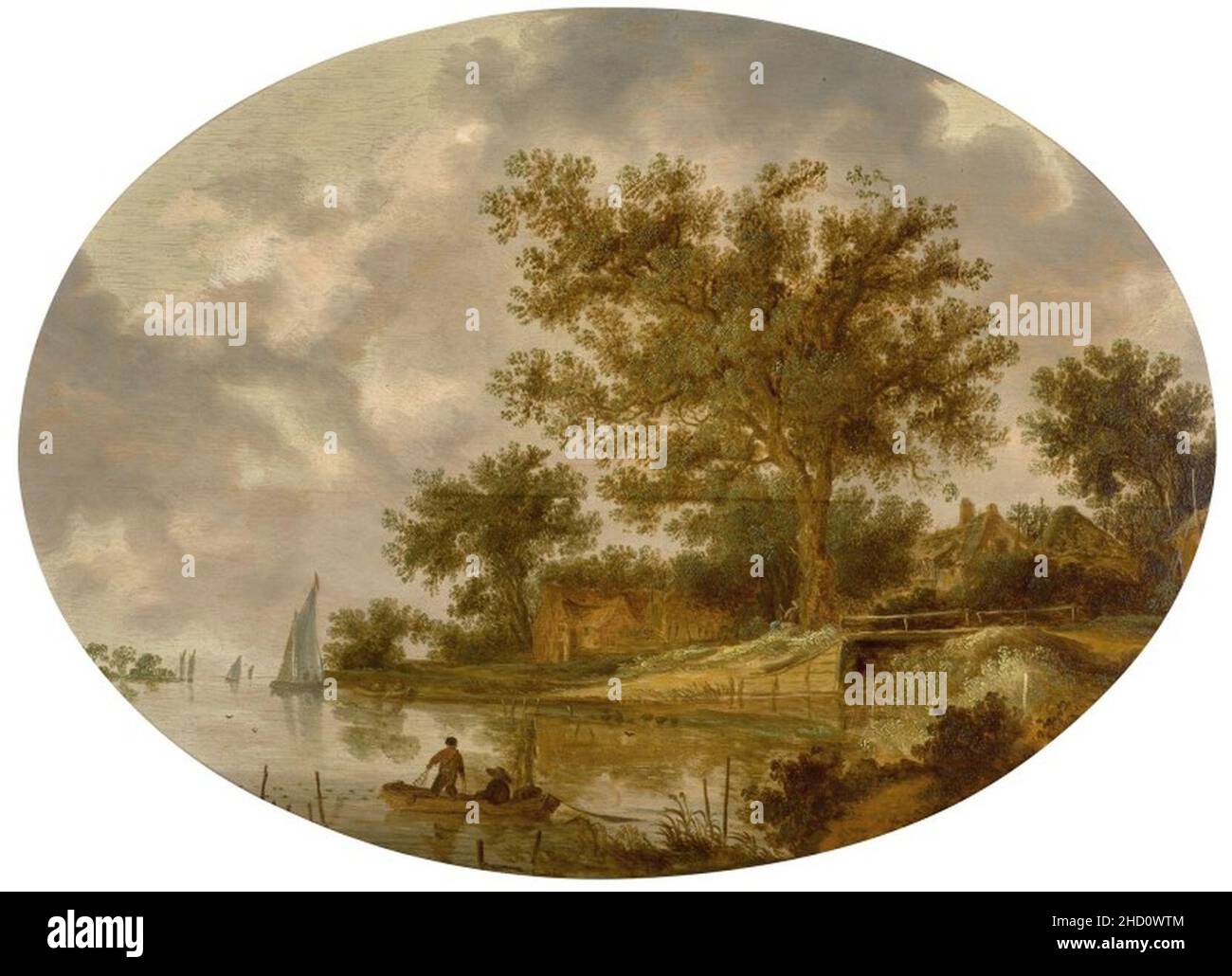 RIVER LANDSCAPE WITH FARM BUILDINGS, AND FIGURES IN A ROWING BOAT WITH ...