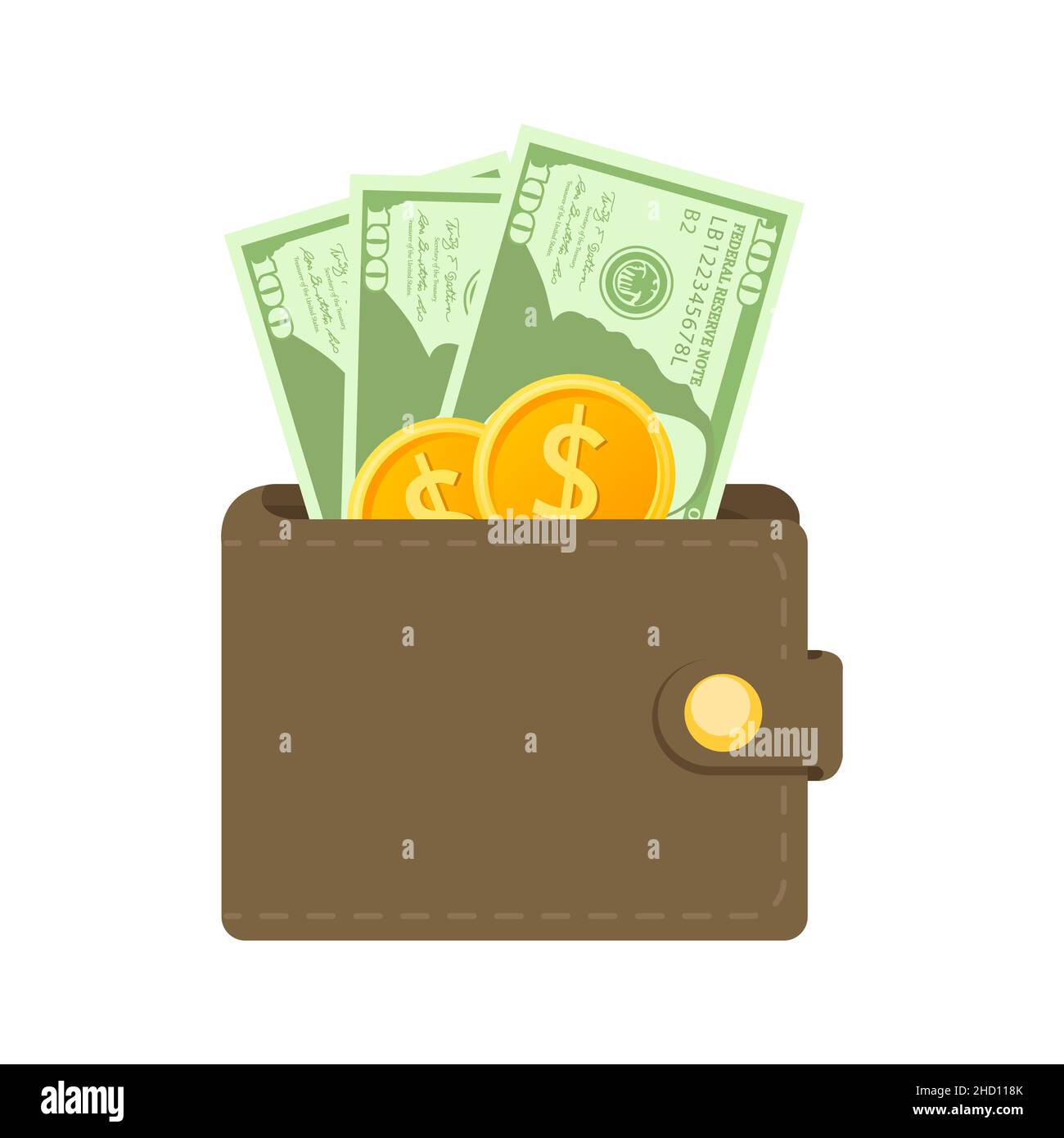 brown leather two fold wallet and moeny golden coin banknotes cartoon ...