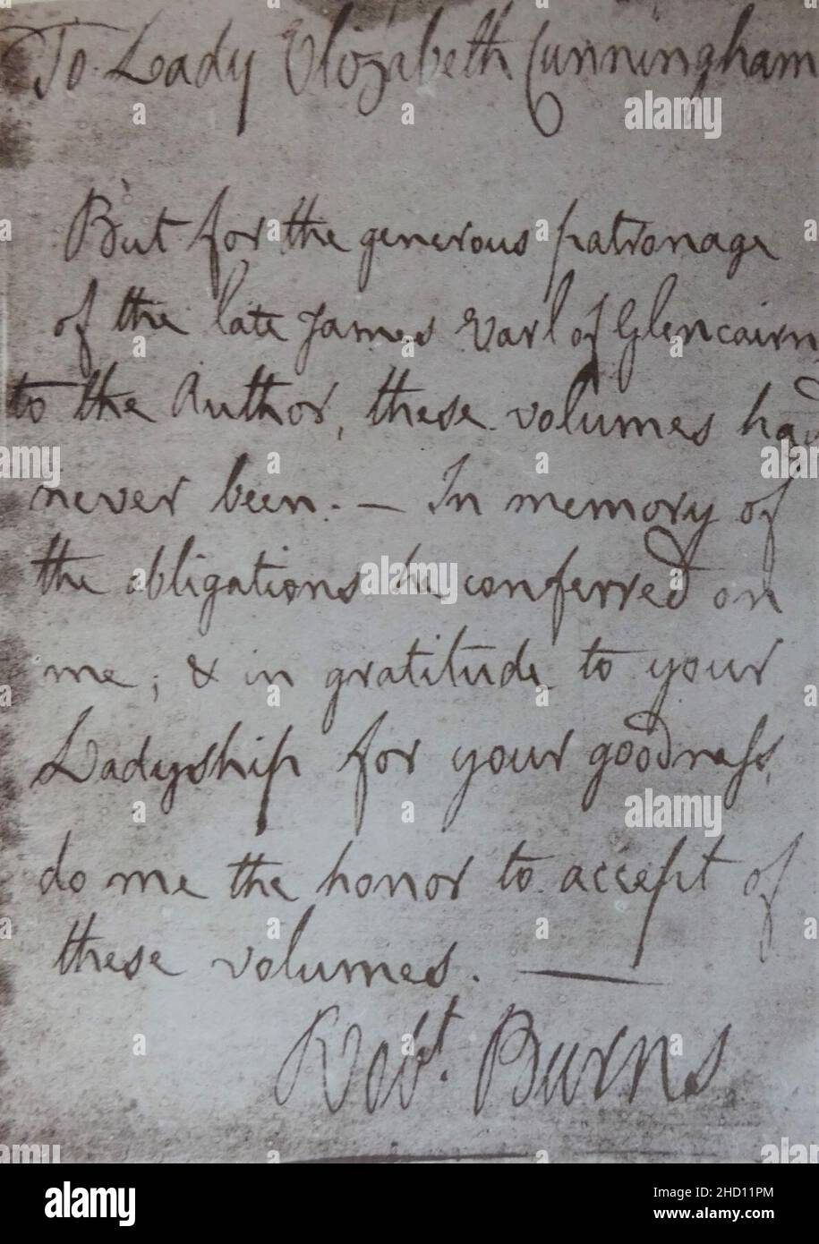 Robert Burns letter to Lady Elizabeth Cunningham Stock Photo - Alamy