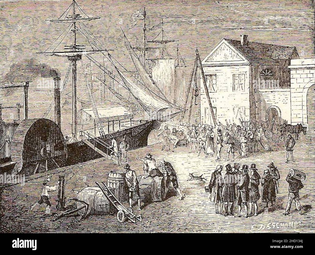 Robert Fulton boards his steamboat, the 'Clermont', in New York, 1807 ...