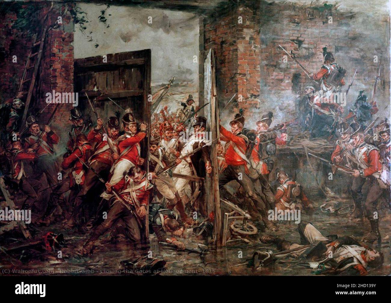 Robert Gibb. Closing the Gates at Hougoumont 1815 Stock Photo - Alamy