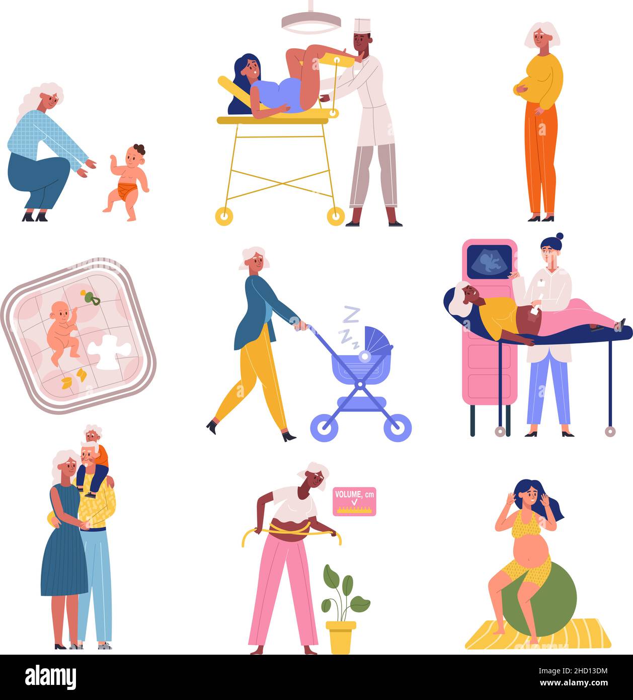 Pregnancy and childbirth scenes, young parents daily activities ...