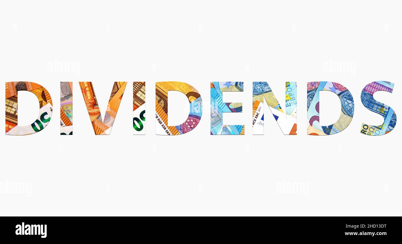 word DIVIDENDS from euro banknotes isolated on white background, money ...