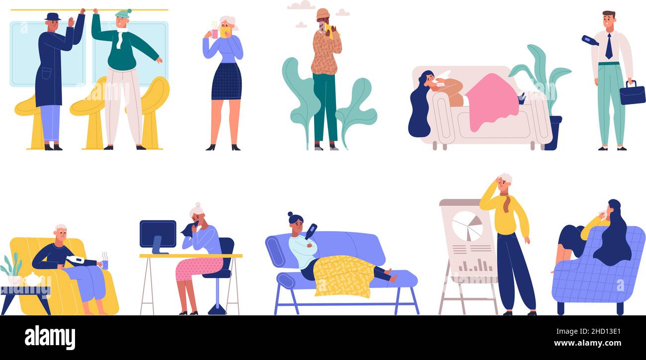 Sick people suffering from flu, cold in office or at home. Adult sick ...