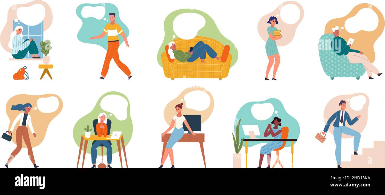 Dreaming people, dreamy thoughtful characters in office and at home ...