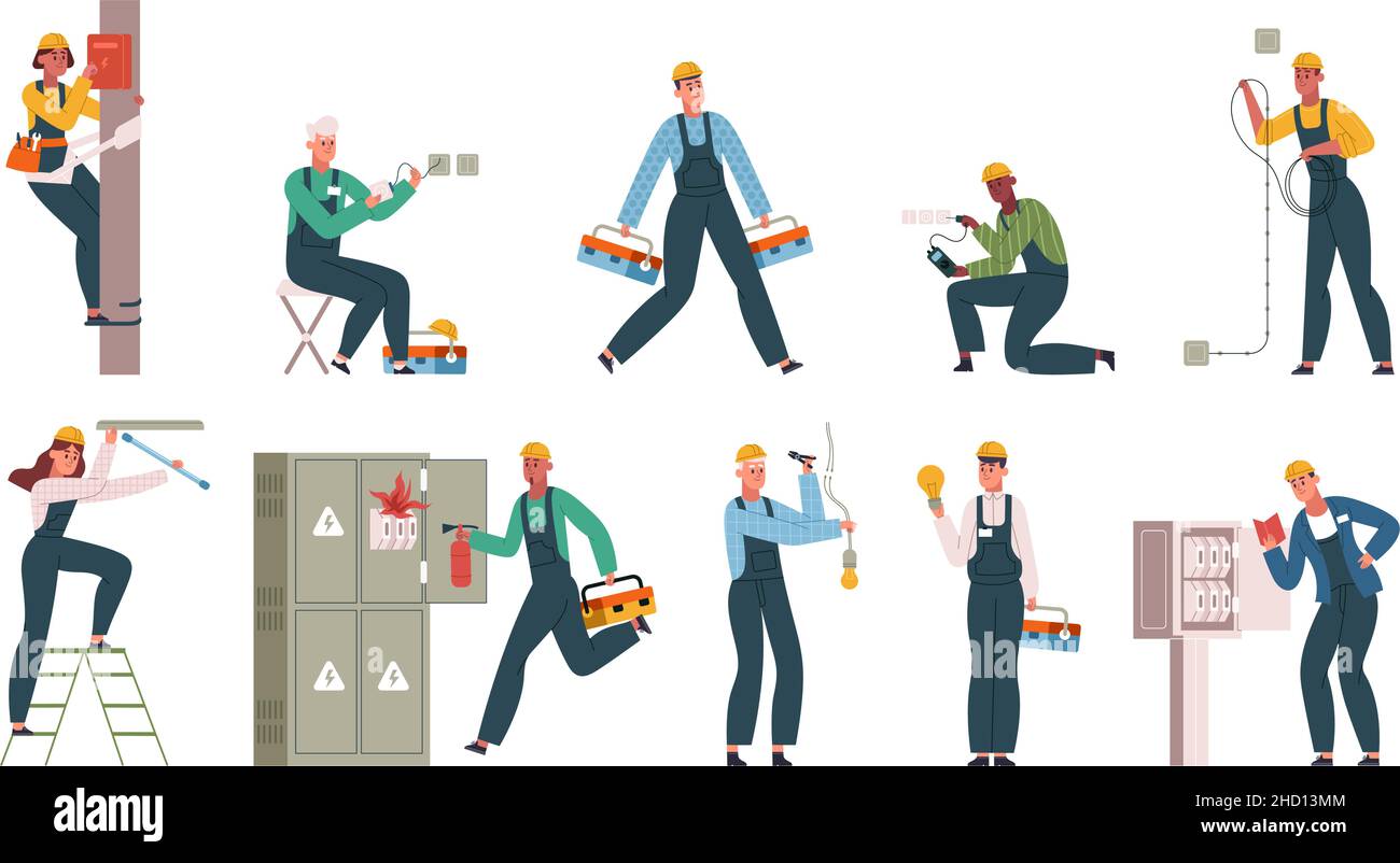 Professional electrician workers in uniform service electrical grid ...