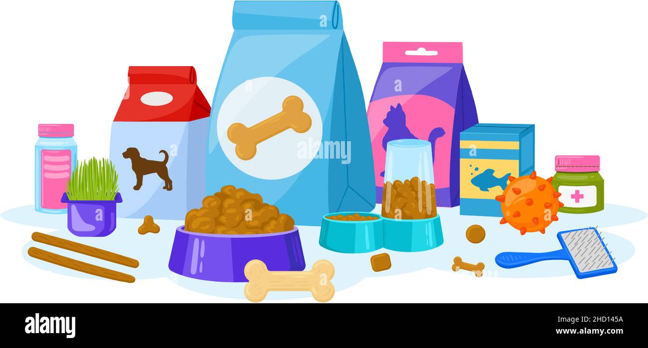 Cartoon pet food, cats and dogs pet shop accessories. Domestic pet food ...