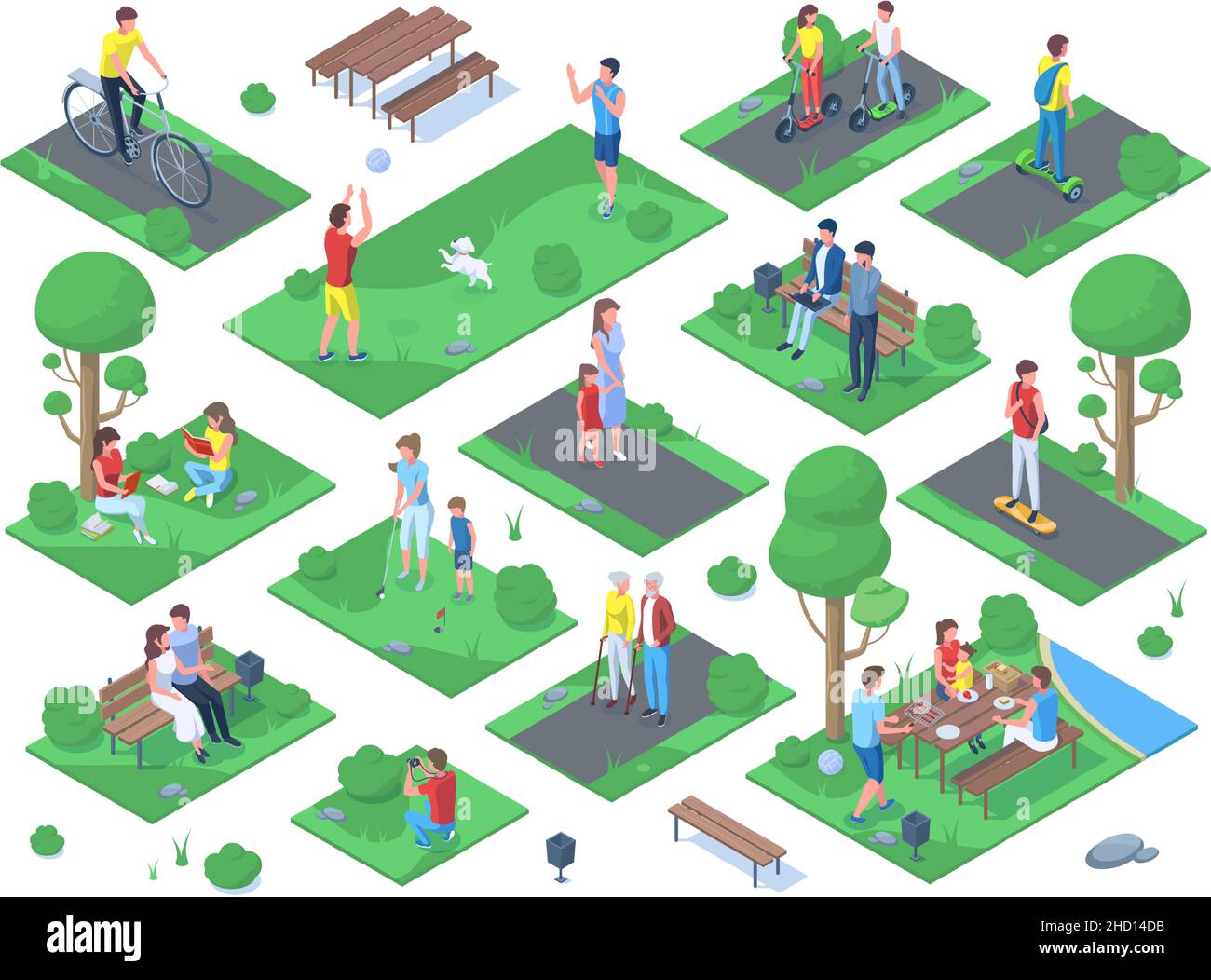 Isometric people walking, jogging, sitting on bench in city park. Park ...