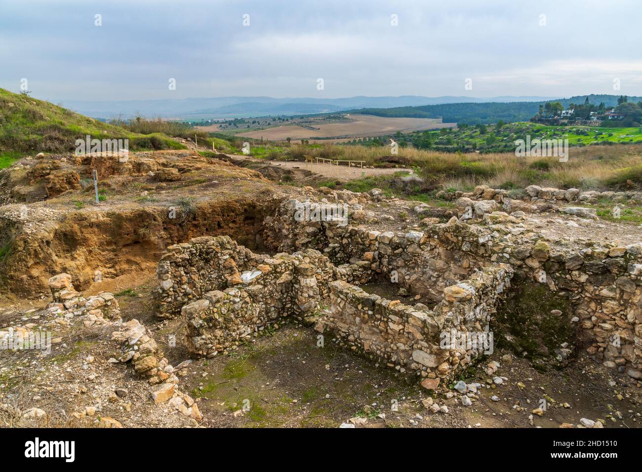 View of remains of ancient ruins, and countryside, in Tel Gezer ...