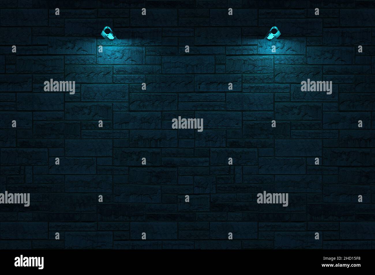 Wall lamps on a dark brick wall. 3D models of lamps with blue lighting ...