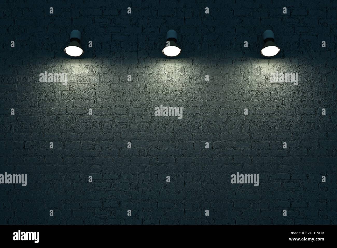 Three wall lamps hang on a dark brick wall. Light lighting, isolated ...