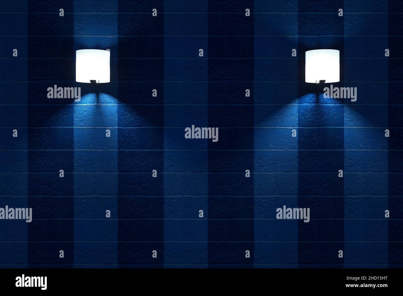 Square blue wall lamps illuminate a blue striped wall. 3D graphics ...