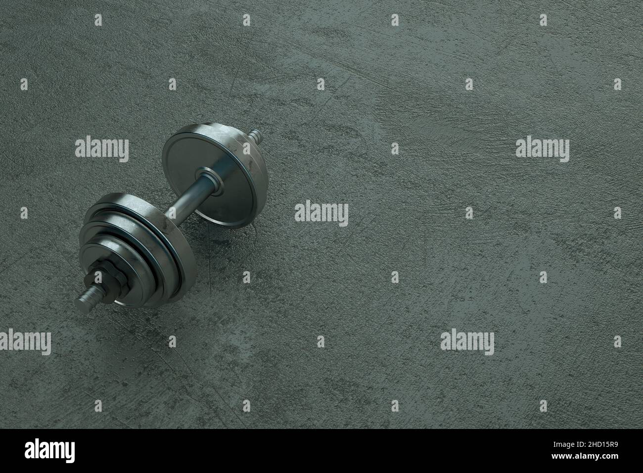 3D illustration of a realistic metal dumbbell lying on a gray floor ...