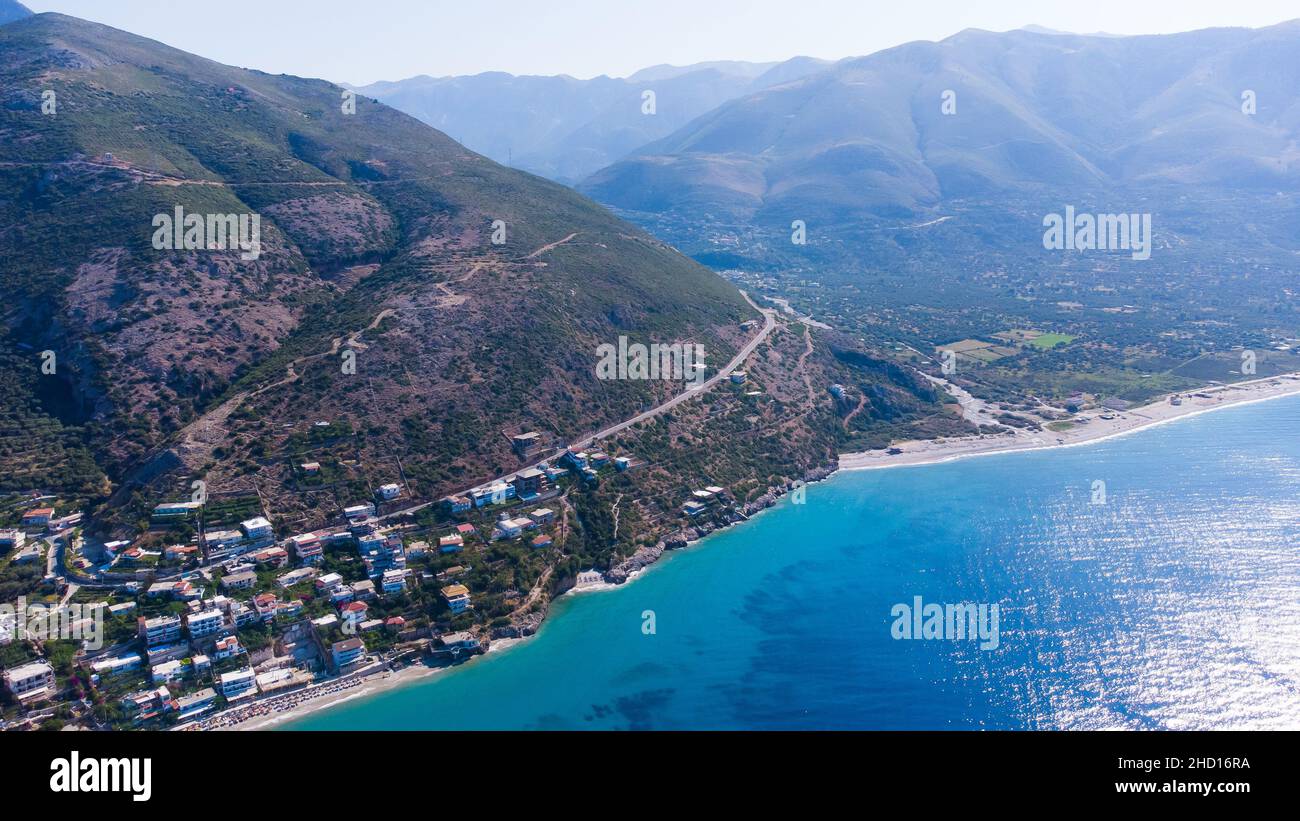 Typical Albanian landscape on the Adriatic shore with mountains. Sunny ...
