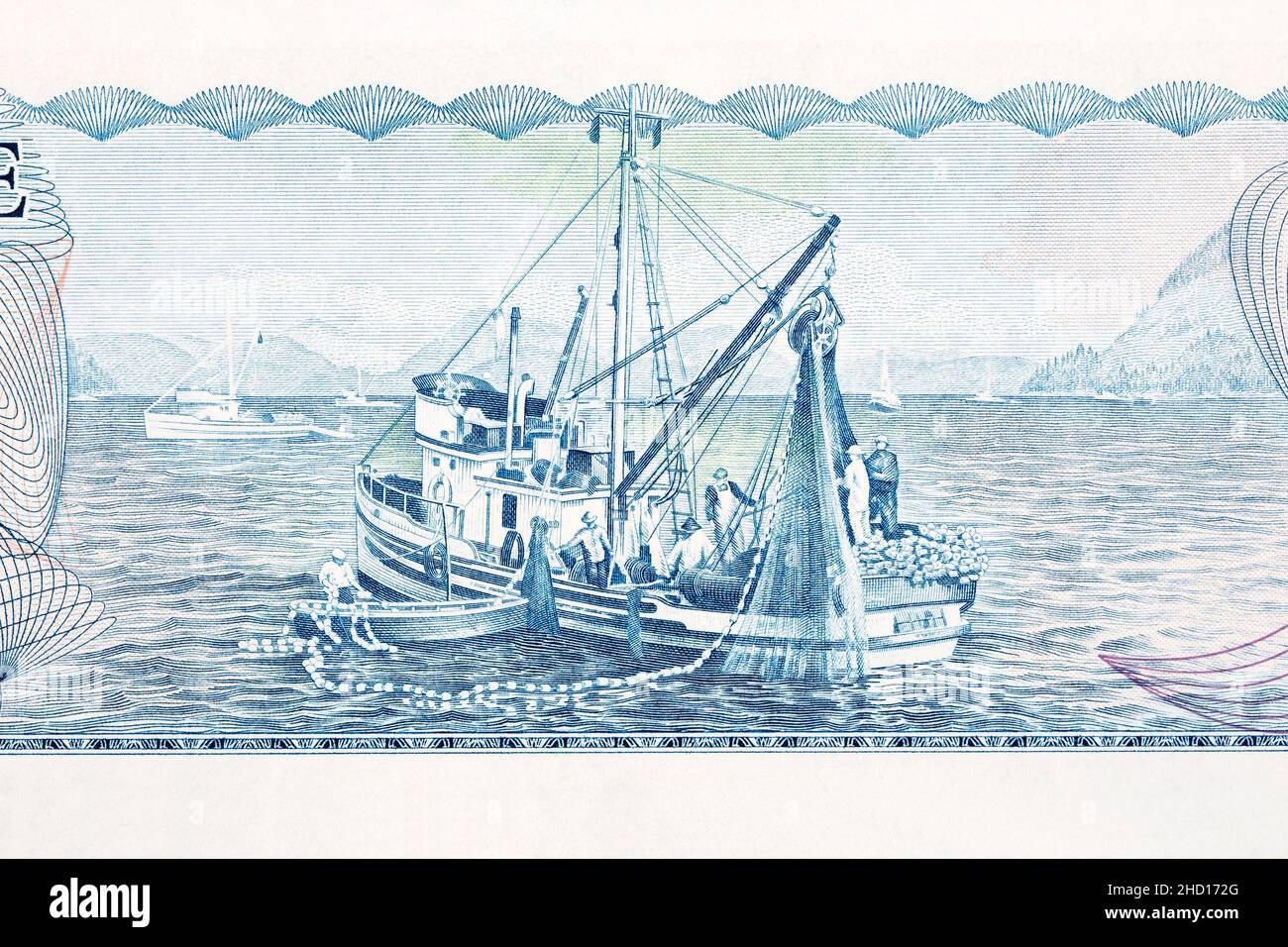 Salmon fishing boat at Vancouver Islands from old Canadian money Stock ...
