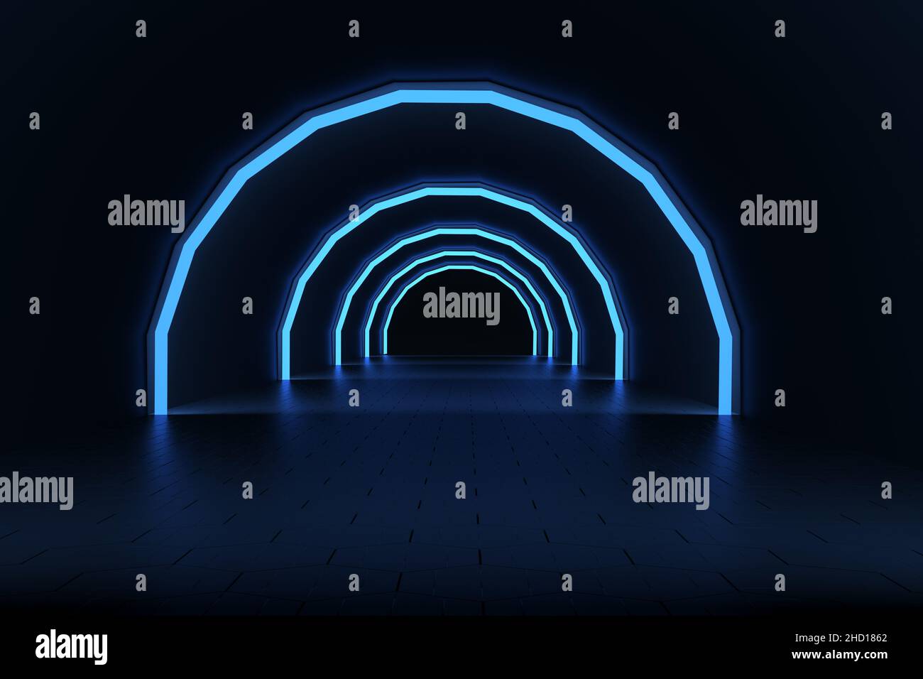 3D illustration of blue neon glowing arches on a dark background ...