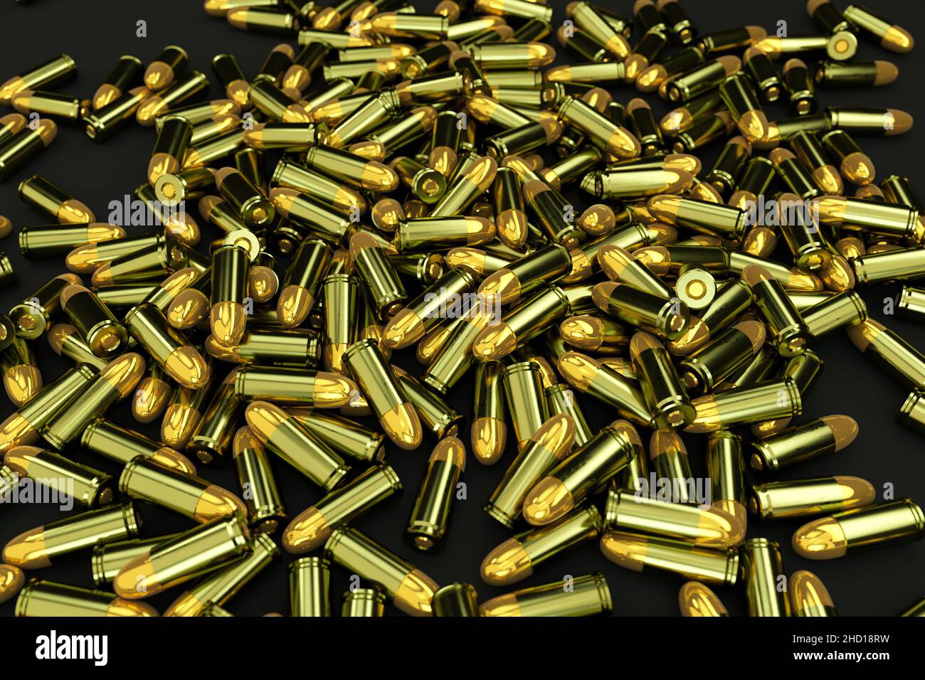 Large pile of cartridges lies randomly scattered on the dark black ...