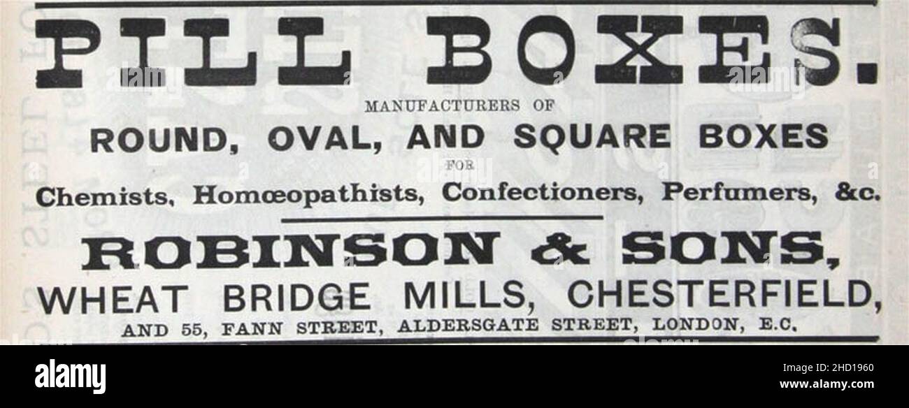 Robinson & Sons Pill Boxes Advert 1884 Stock Photo - Alamy