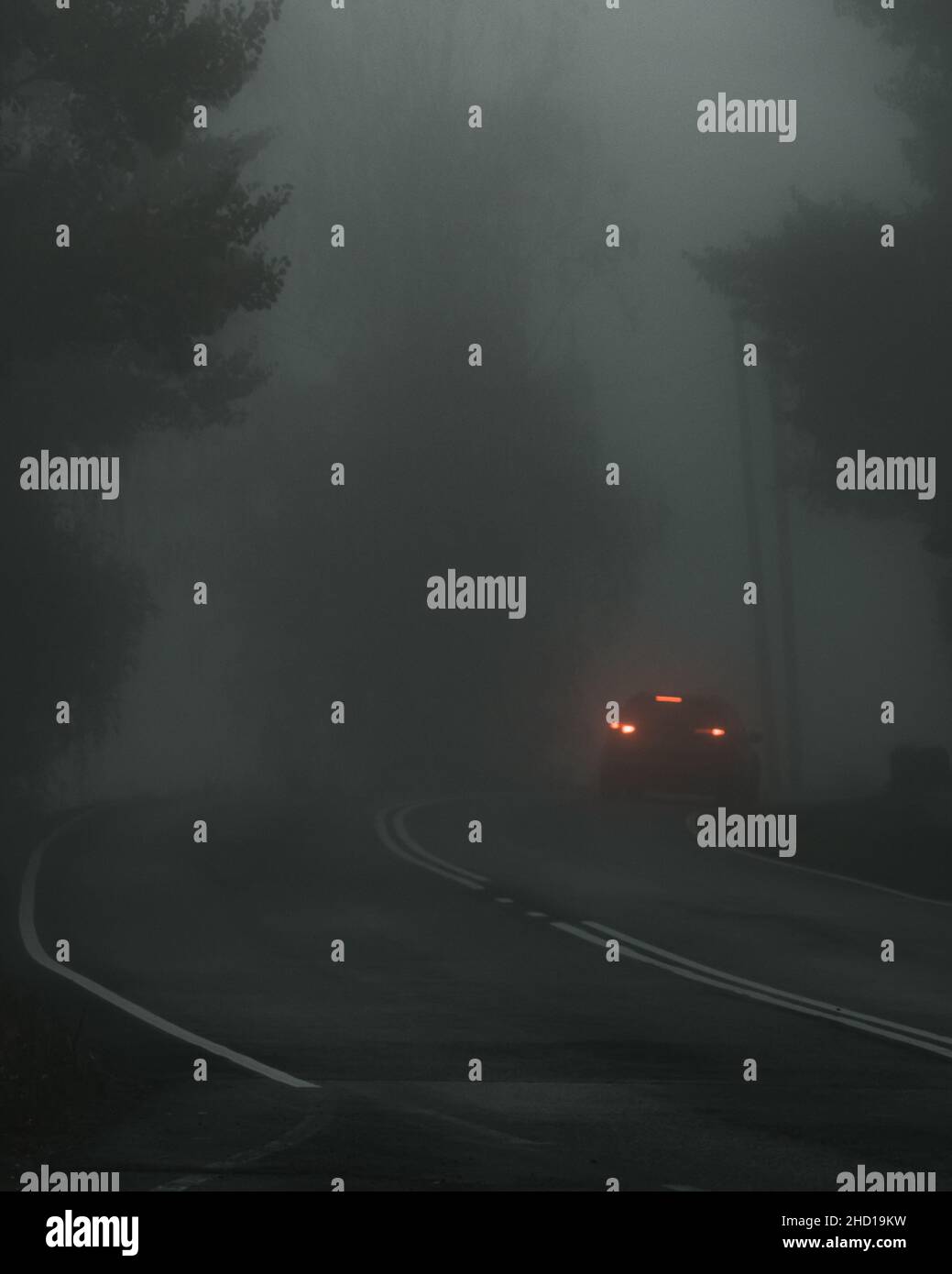 A cinematic scene with car driving on the foggy road. Car backlights ...