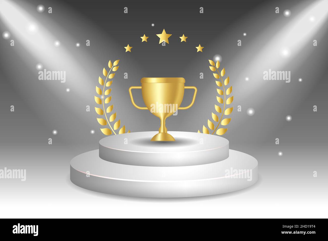 Stage podium for Award Ceremony with golden trophy cup and laurel ...