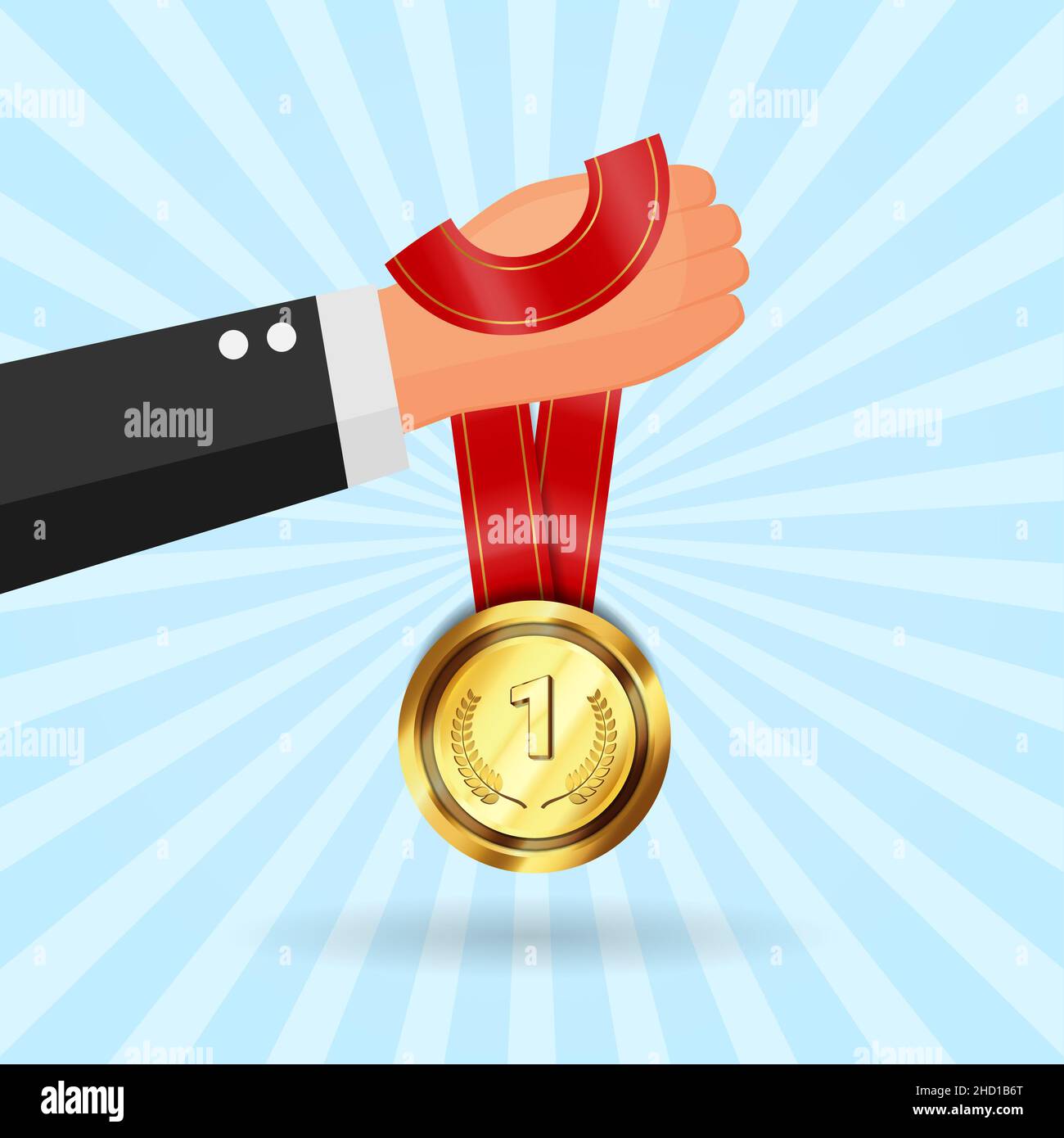 Hand holding medal. Competition winner design concept Stock Photo - Alamy