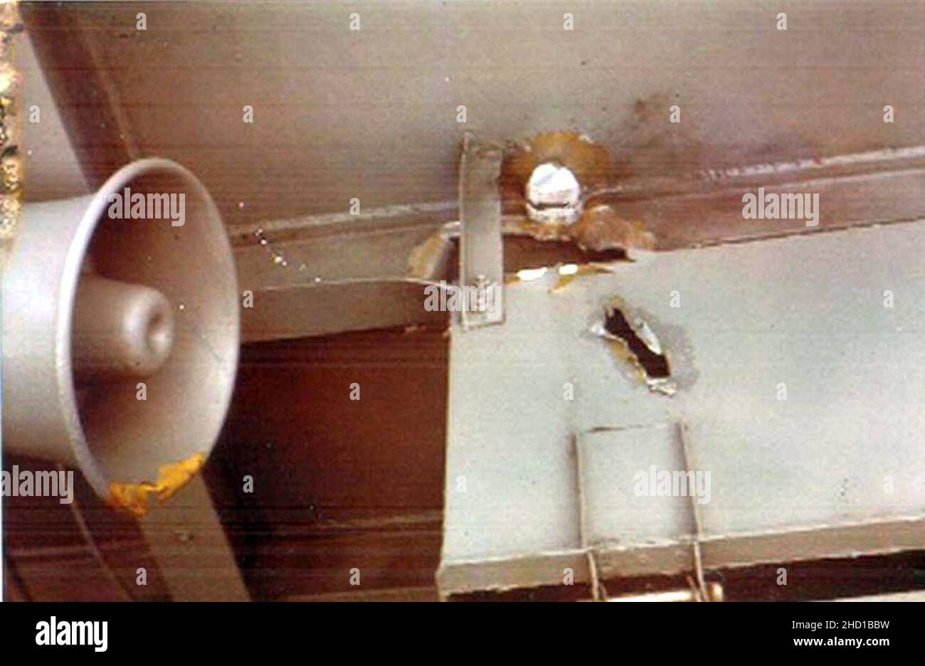 Rocket damage aboard USS Hanson (DD-832) off Vietnam, in June 1972 ...