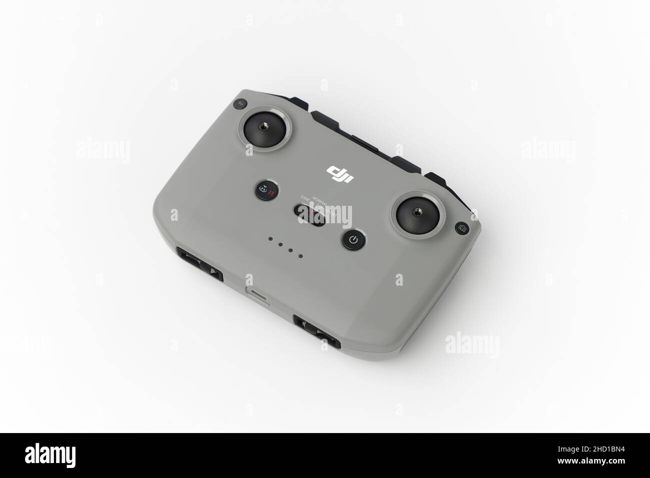 DJI remote control on white background. Control stick of the DJI Mavic ...