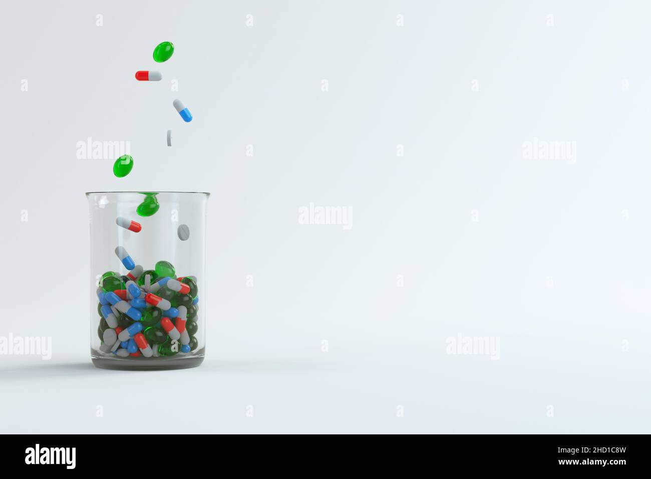 3D render Multi-colored pills fall into a transparent container on a ...