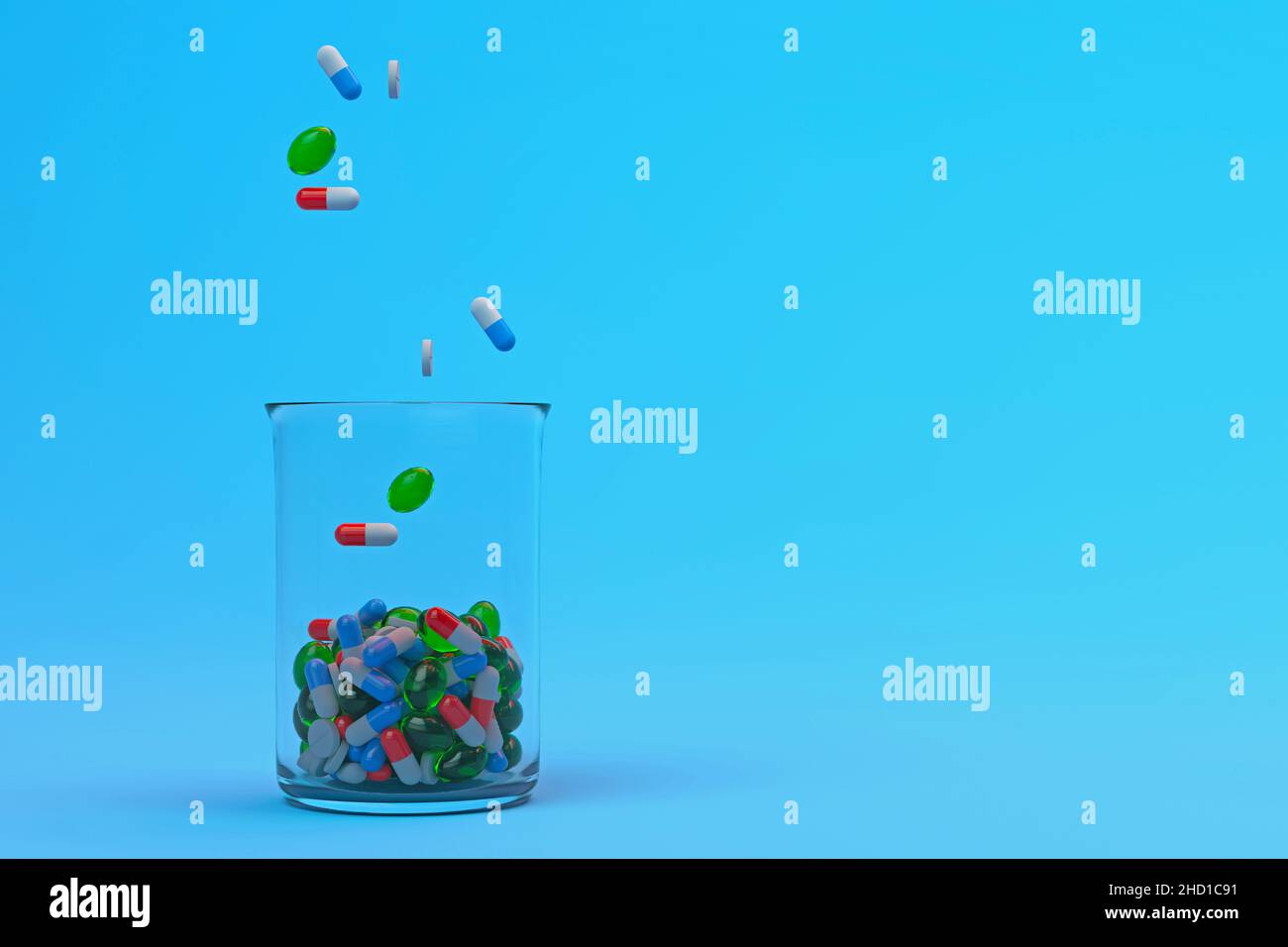 3D render Multi-colored capsules and tablets in a transparent glass ...