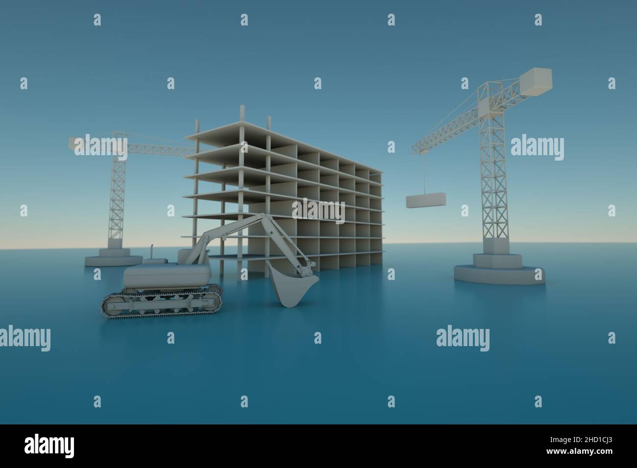 3D rendering construction concept with crane excavator and residential ...