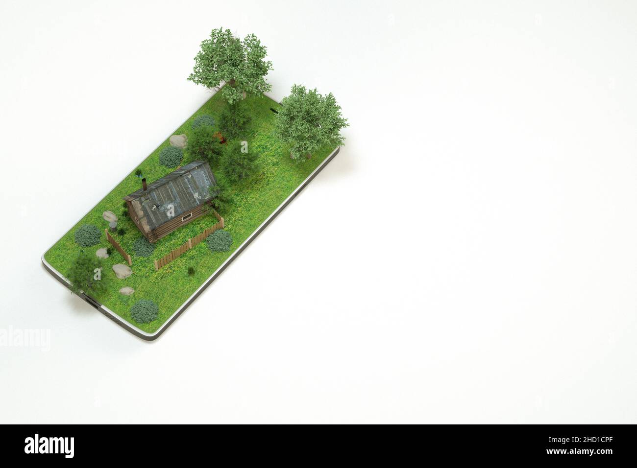 3D rendering isometric village house with green trees and grass Stock ...