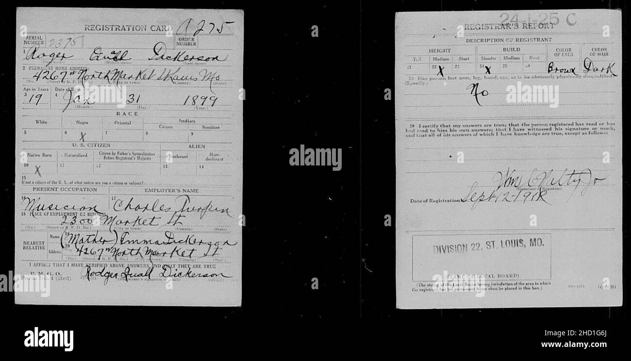 Roger Quincey Dickerson in the World War I draft registration Stock ...