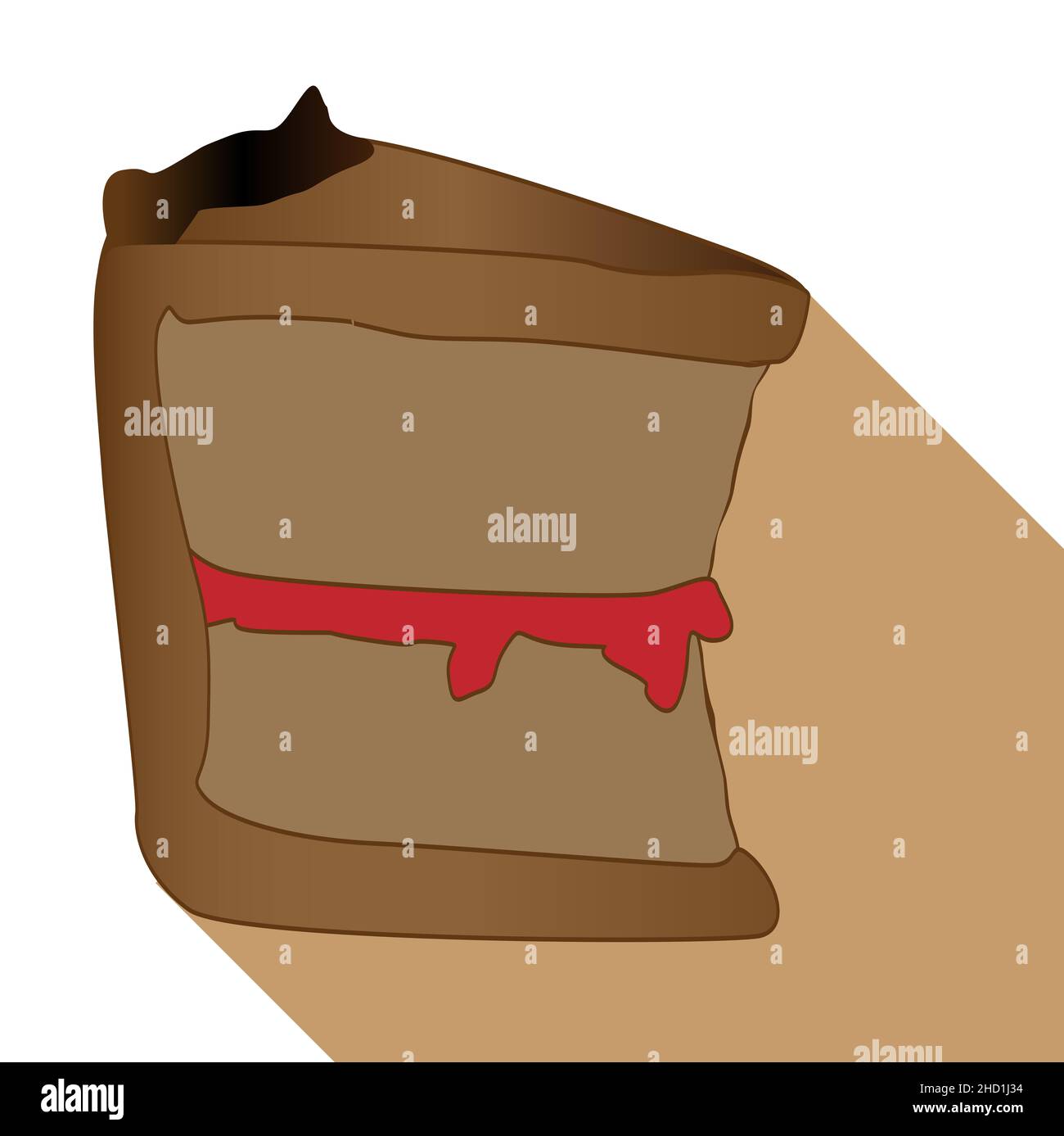 A slice of cake in cartoon style with a shadow over a whte background ...
