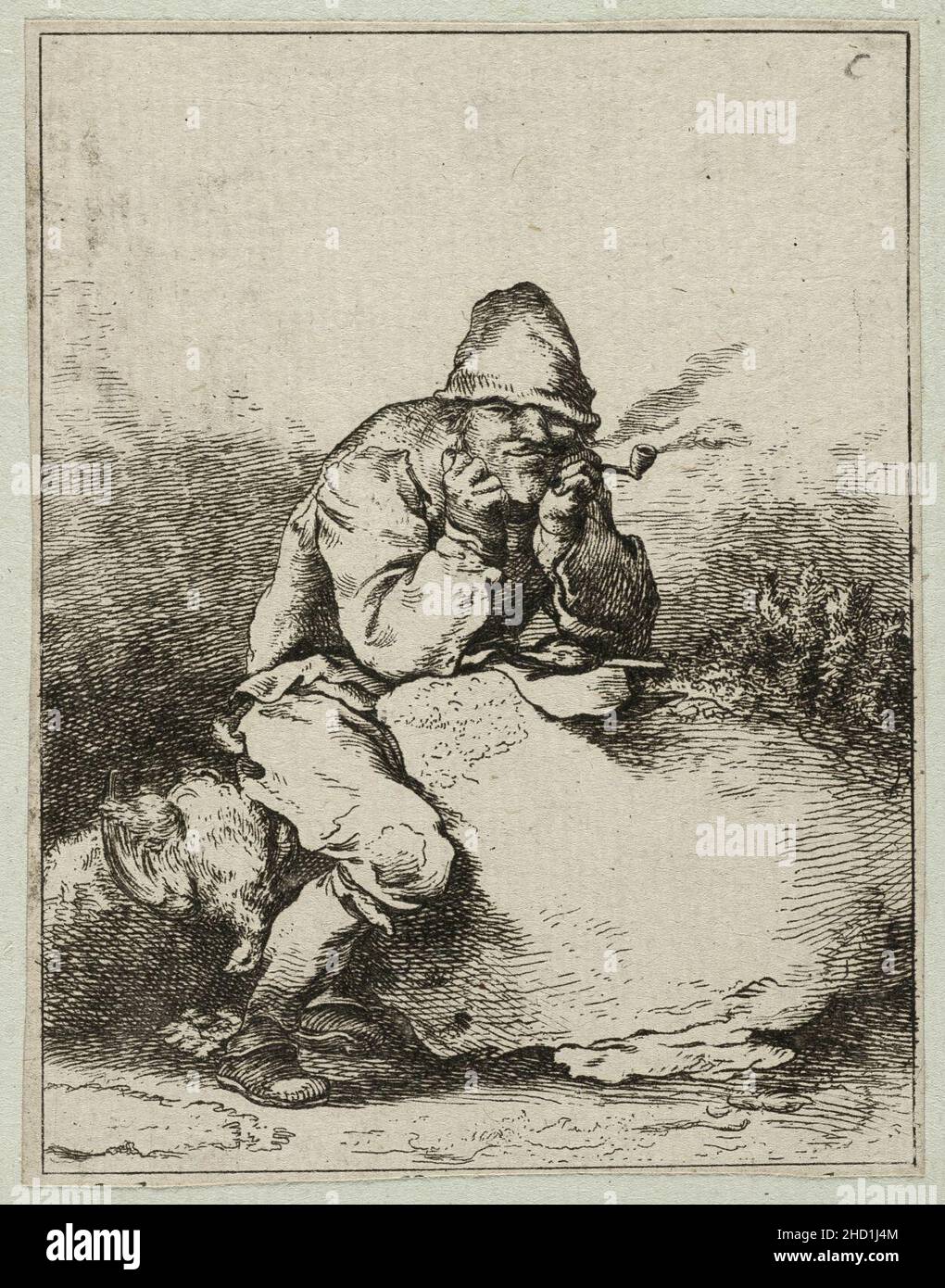 Rokende boer leunend op een steen met een dode kip Stock Photo - Alamy