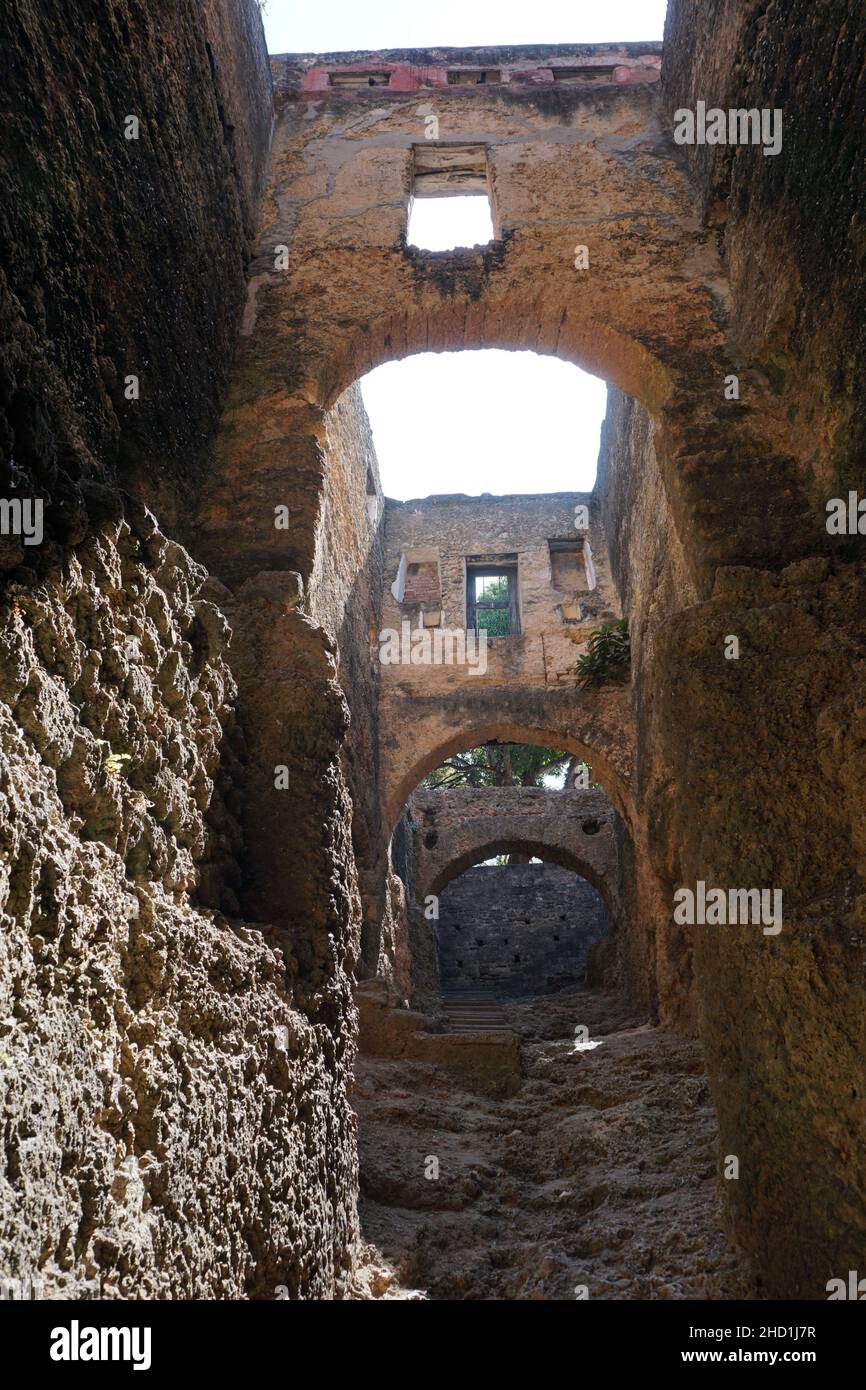 Architecture inside Fort Jesus in the coastal town of Mombasa, Kenya ...