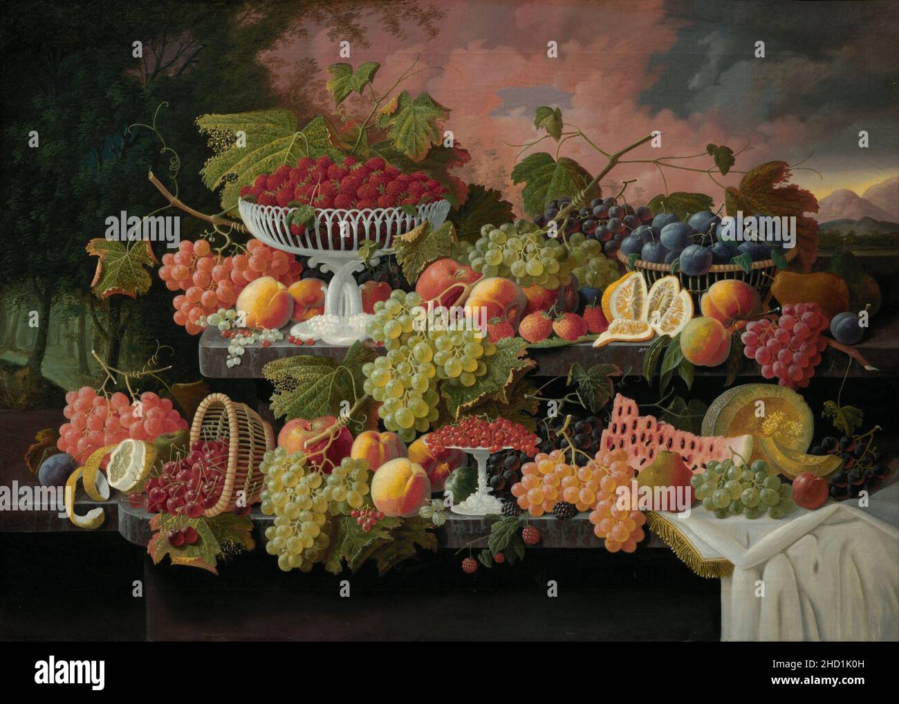 Two tiered still life with fruit and sunset landscape hi-res stock ...