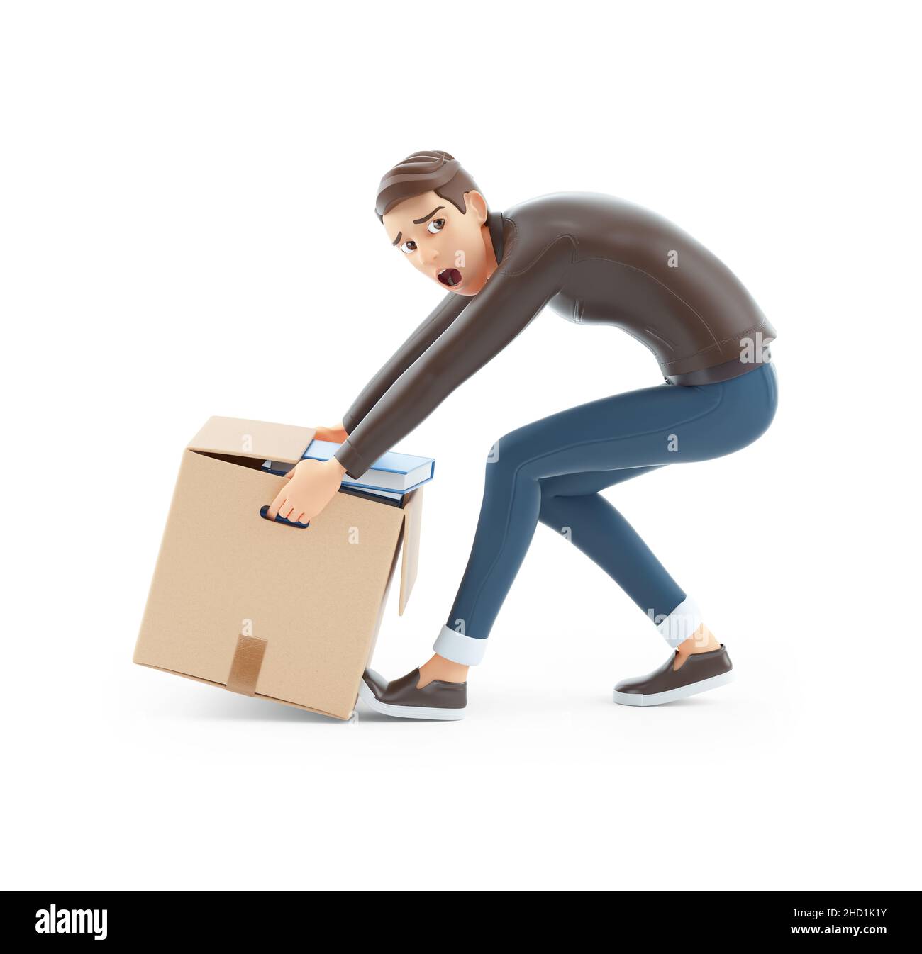 3d cartoon man lifting heavy box, illustration isolated on white ...