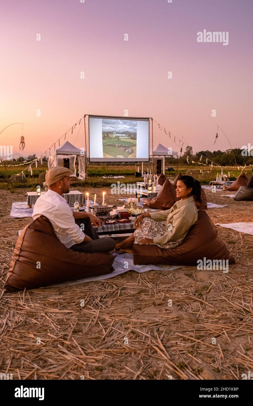 Nan Thailand December 2021, people looking movies at outdoor cinema at ...