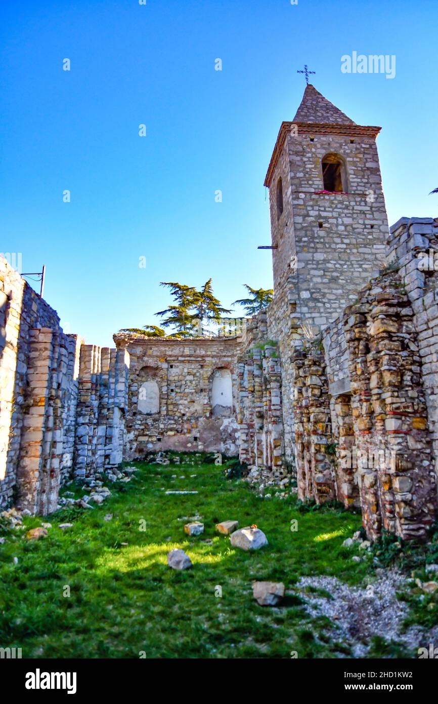 The ruins of an ancient church in Pignola, a medieval village in the ...