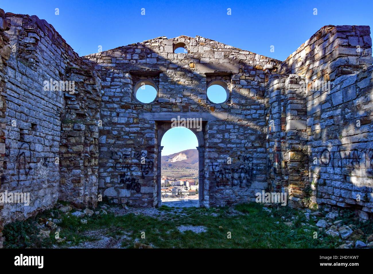 The ruins of an ancient church in Pignola, a medieval village in the ...