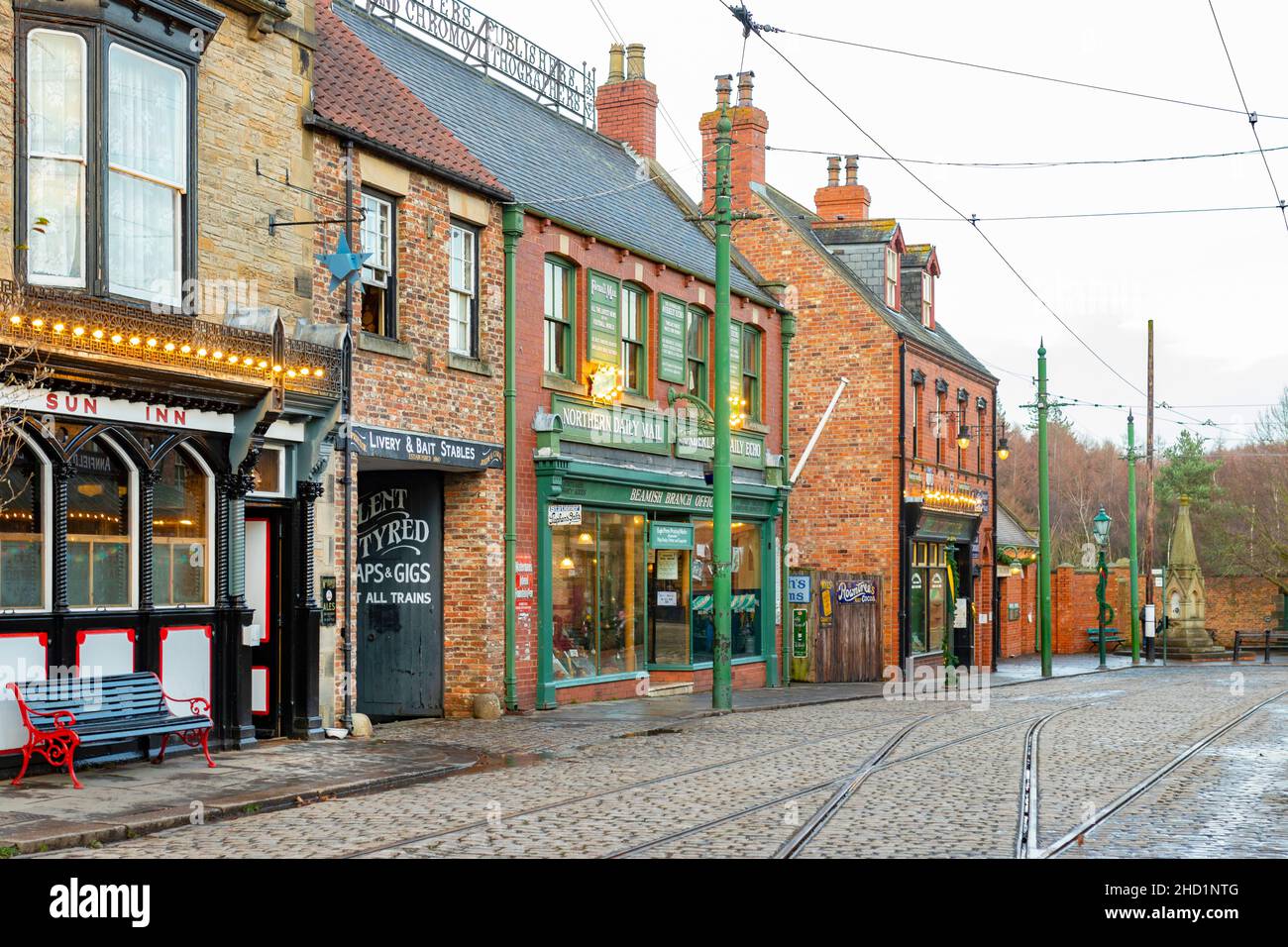 row of reconstructed victorian properties and shops at Beamish Village ...