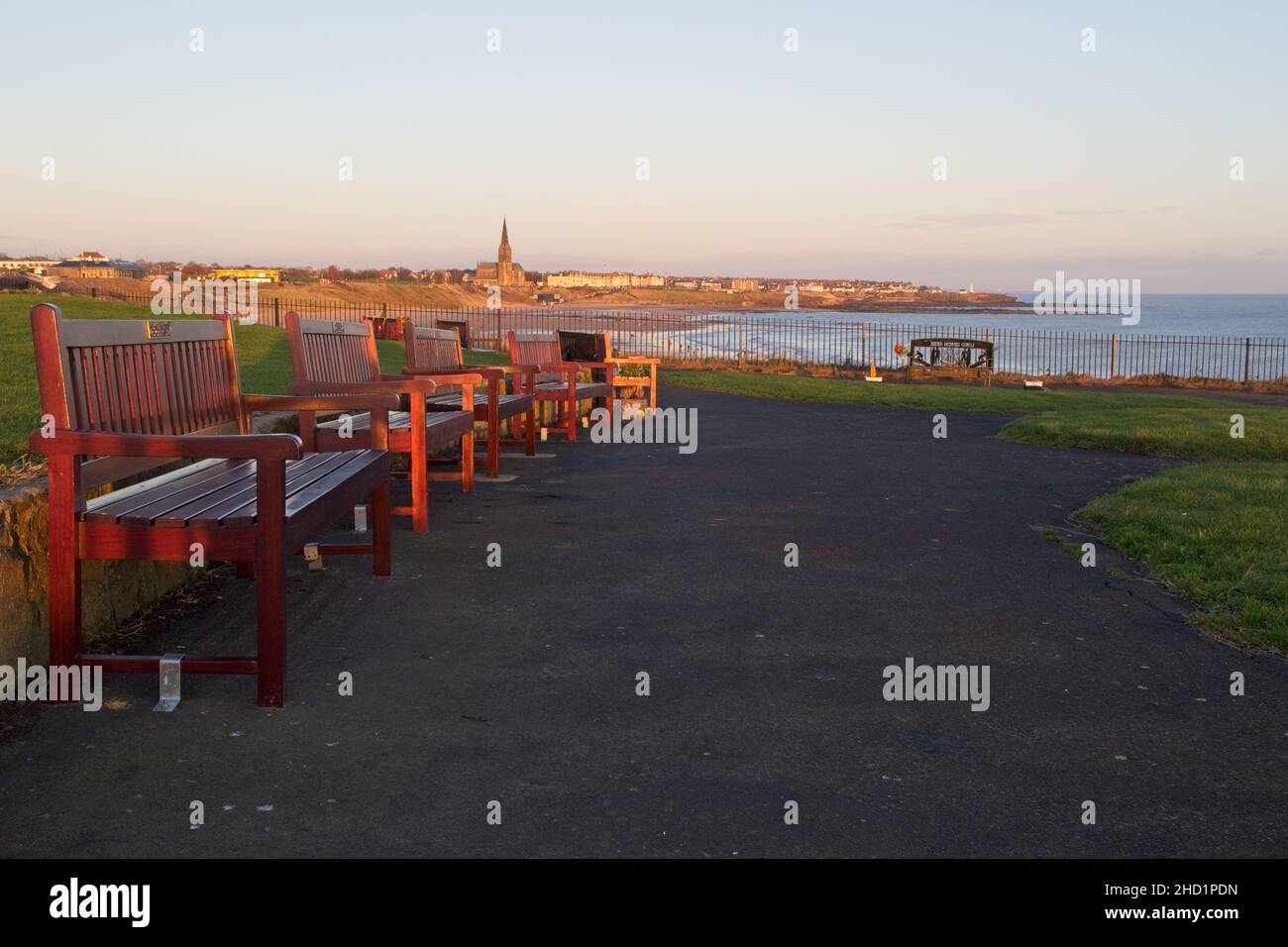 Memorial benches along a pathway near Sharpness Point, Tynemouth in ...