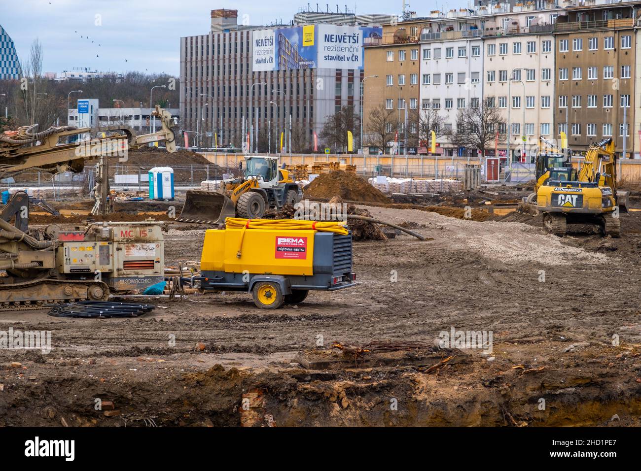 Prague, Czech republic - January 1, 2022: Big area under construction site with building ...