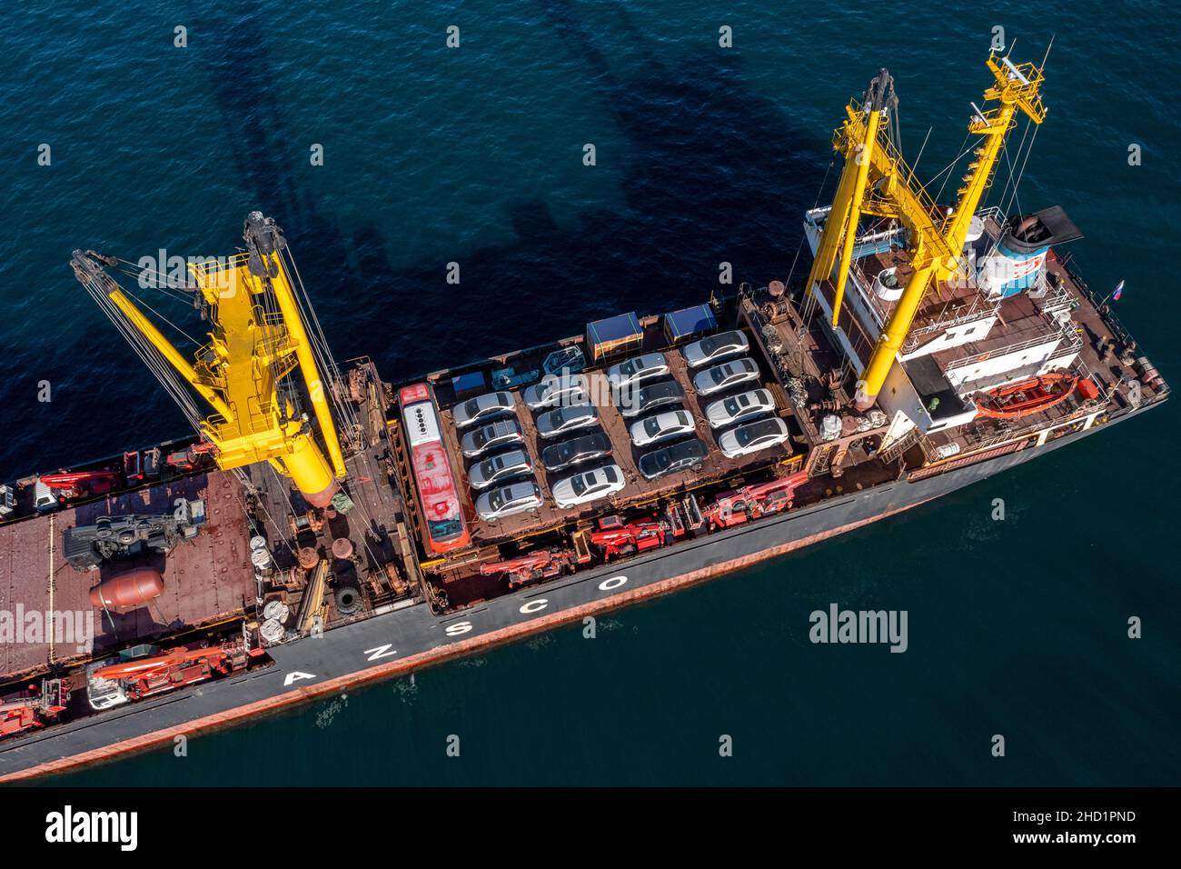 Vladivostok, Russia - December 18, 2021:Sea cargo ship loaded with cars ...