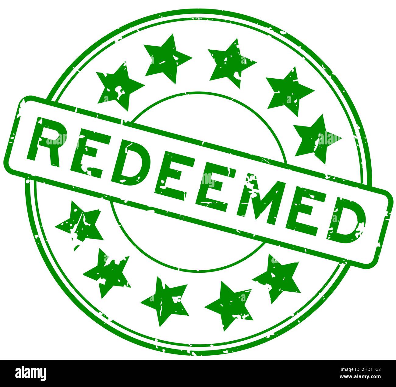 Grunge green redeemed word with star icon round rubber seal stamp on ...