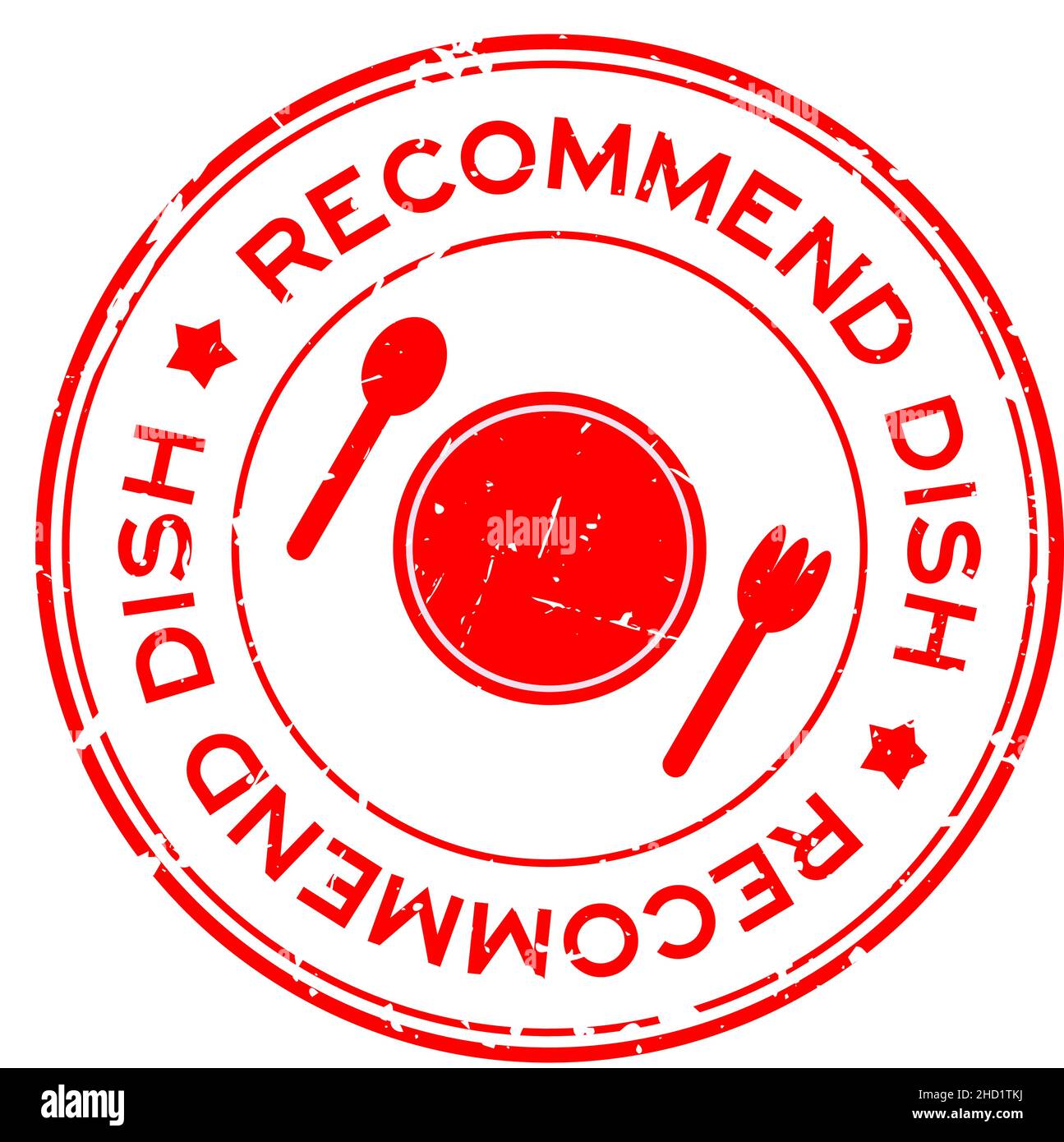 Grunge red recommended dish word with dish, spoon and fork icon rubber ...
