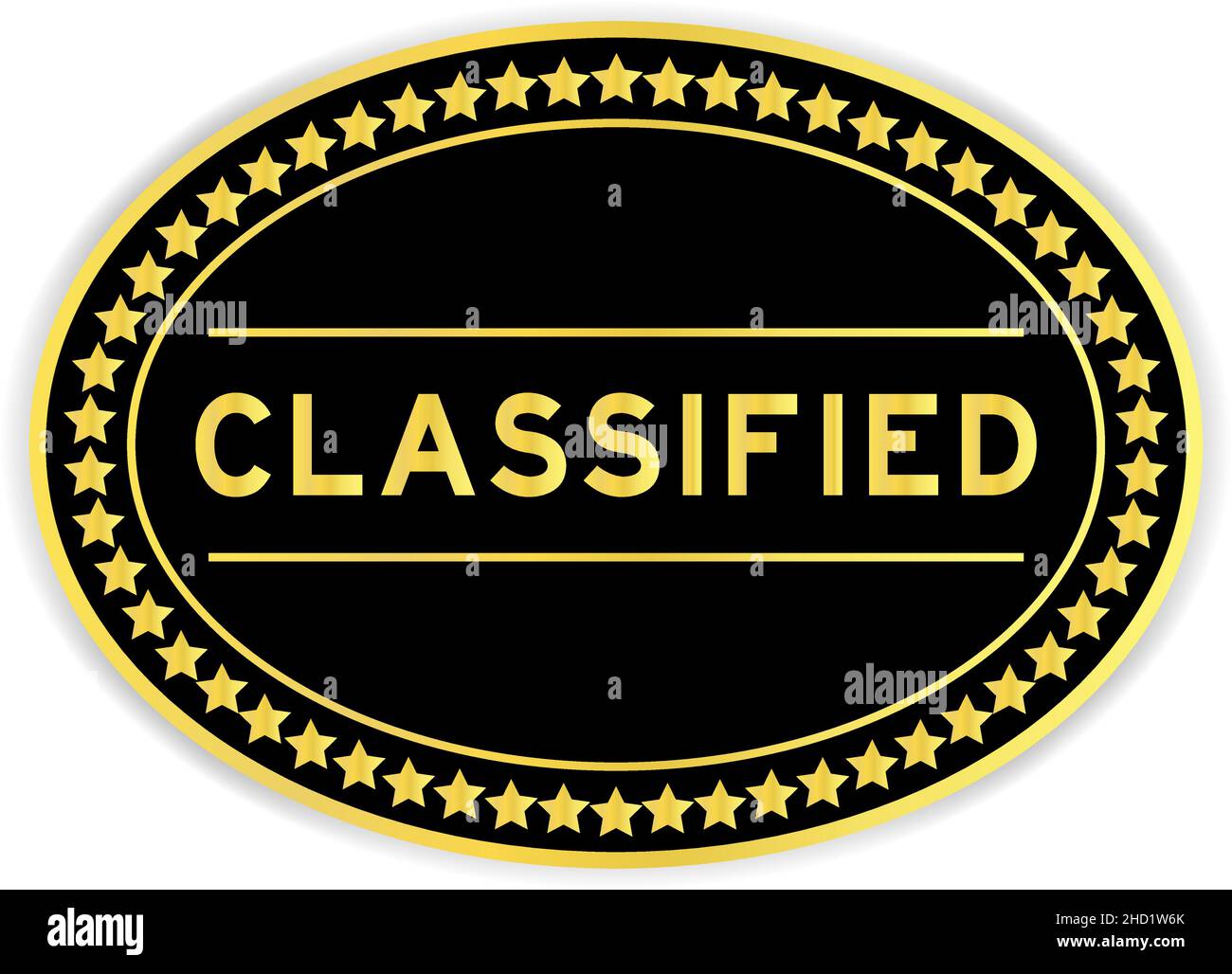 Black and gold color round label sticker with word classified on white ...