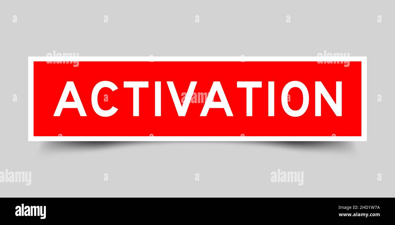 Square label sticker with word activation in red color on gray ...